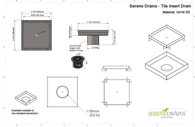 Tile Insert Square Shower Drain 5 Inch Threaded Outlet, SereneDrains ...