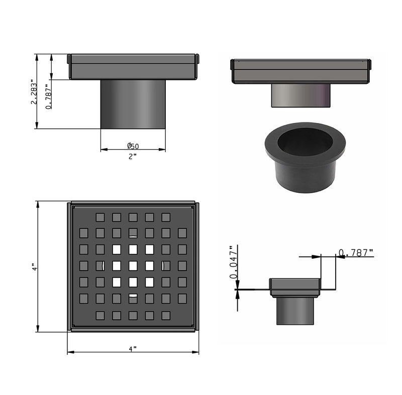 4 Inch Matte Black Square Shower Drain Assembly Kit, Squares Design ...