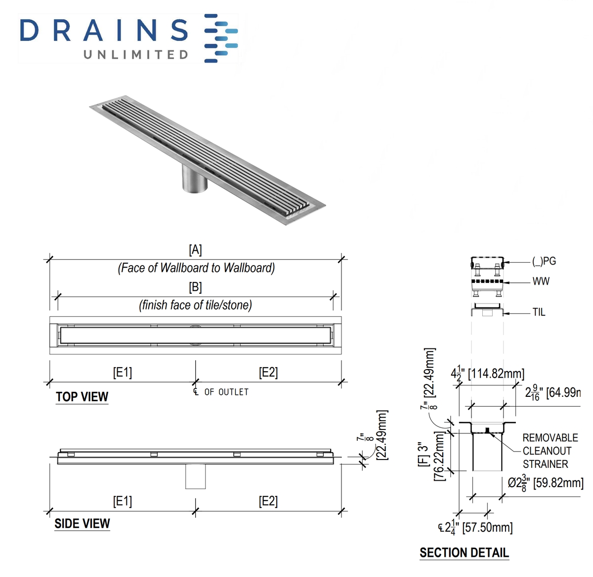 31 Inch Linear Drain Square Design Polished Finish, Drains Unlimited ...
