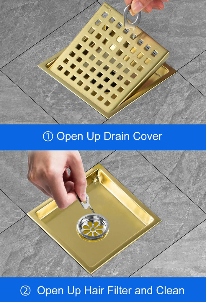 Gold Stainless Steel 4 Inch and 6 Inch Shower Drains, Square Grid Desi ...