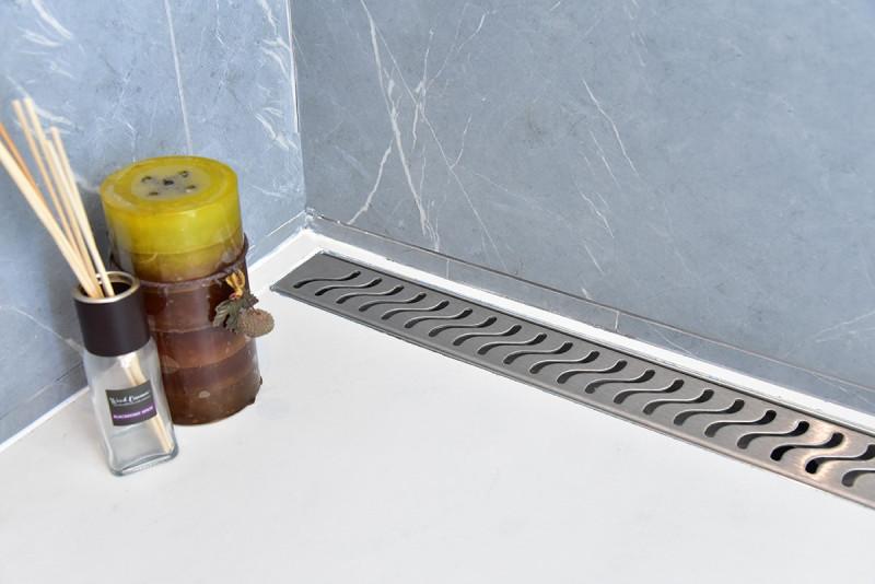 Brushed Linear Drain with Horizontal Side Outlet, Ocean Wave Design ...